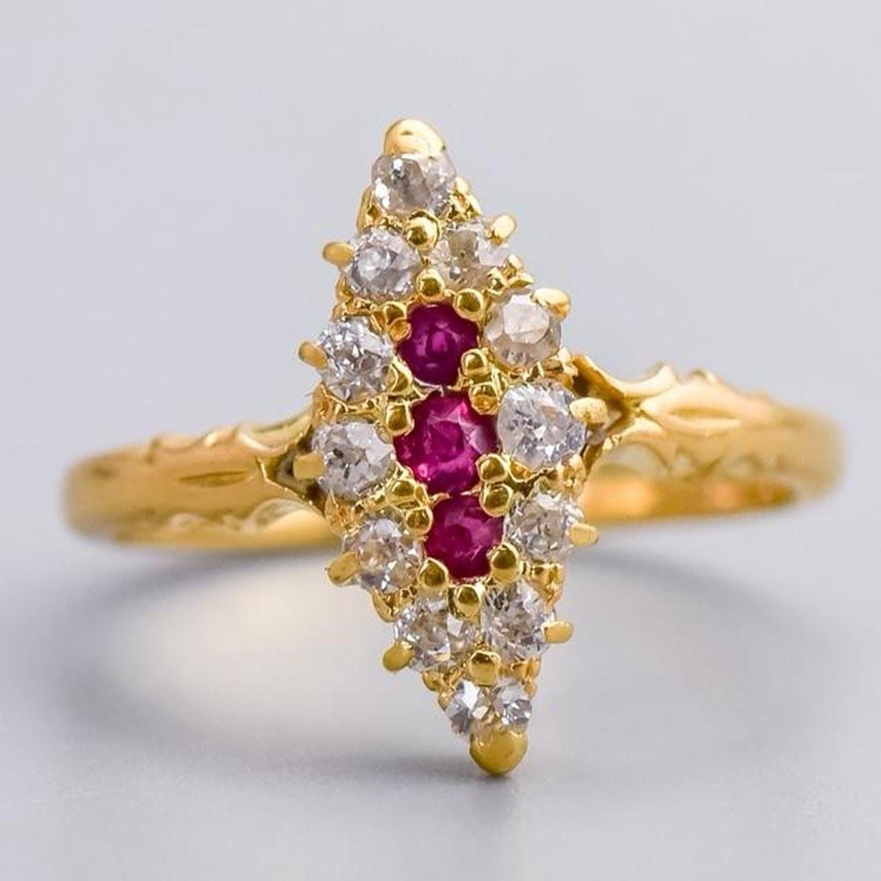 18K Gold Victorian Ruby & Diamond Navette Ring – Don Laurence Jewellery
